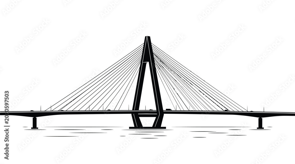 Black and white silhouette photograph showing a large suspension bridge ...