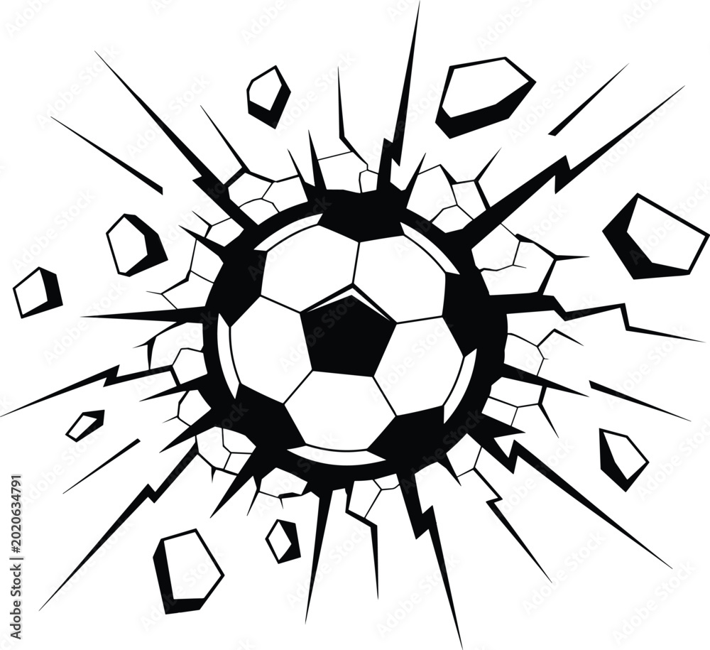 Soccer ball crashing through a wall creating cracks and debris ...
