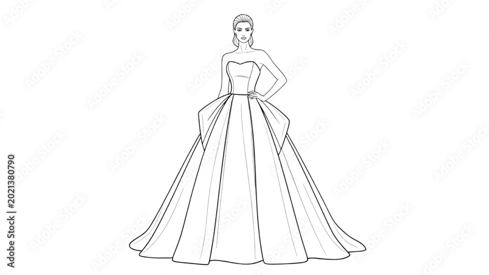 A woman in a beautiful 2D CAD designed ball gown standing confidently ...