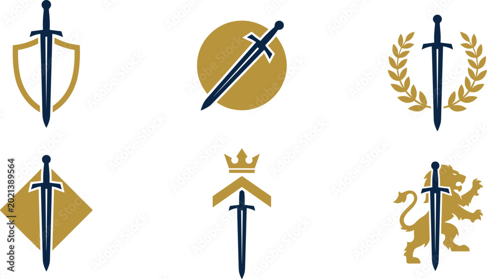 Medieval Sword Logo Icon Set with Royal Crowns Shields Laurels and Lion ...