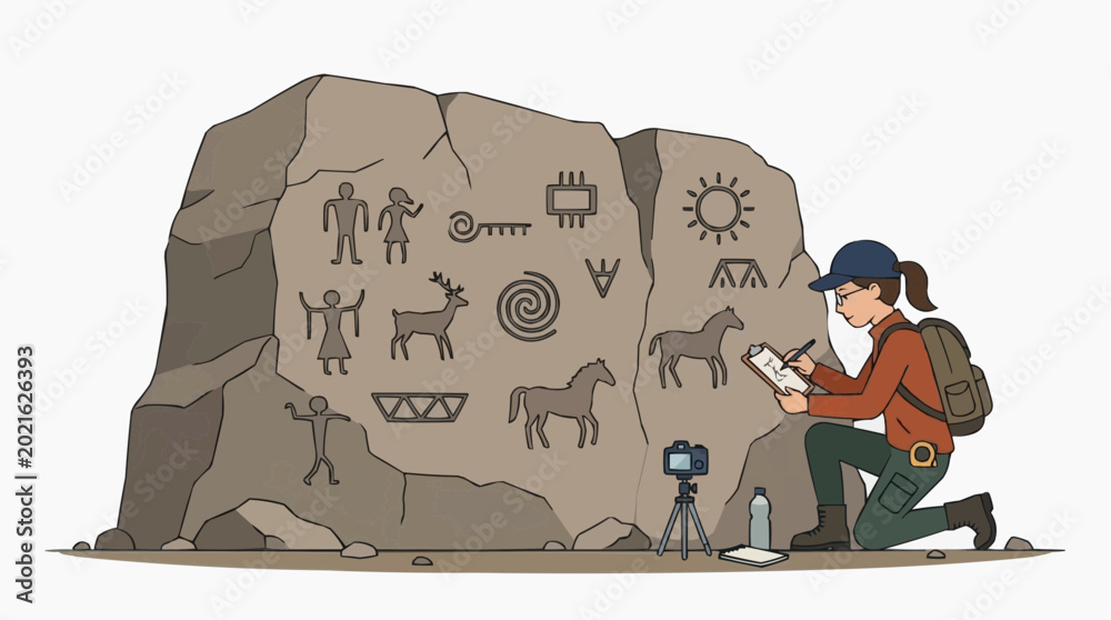 Archaeologist studying ancient petroglyphs on a rock face with drawings ...