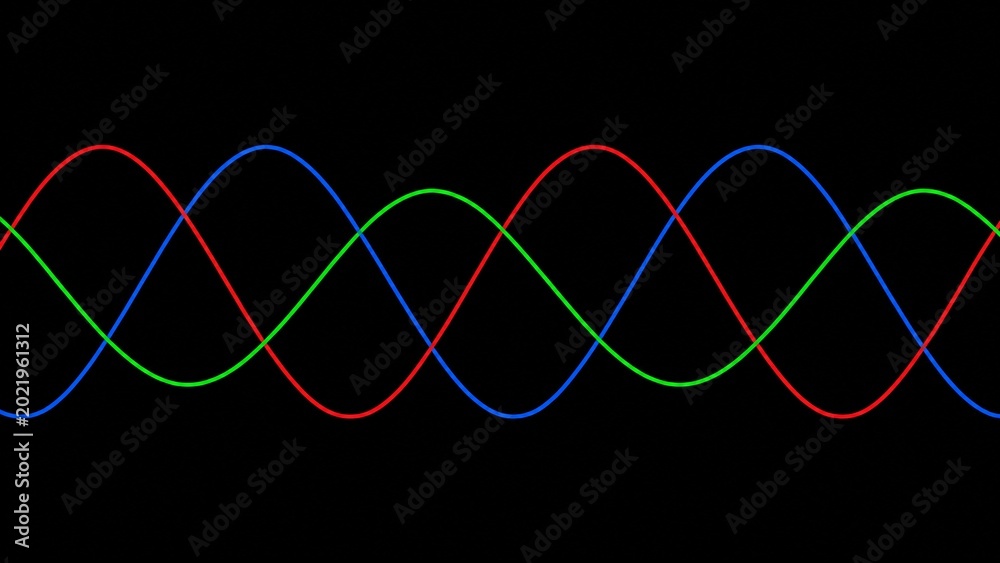 Three smooth sine wave curves in red, blue, and green on black ...