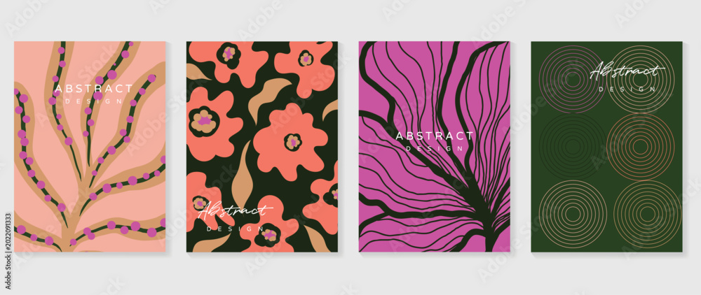 Abstract botanical poster set vector. Colorful organic floral shapes ...