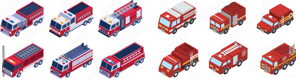 Different types of firefighting trucks in 3D isometric view set. Red ...
