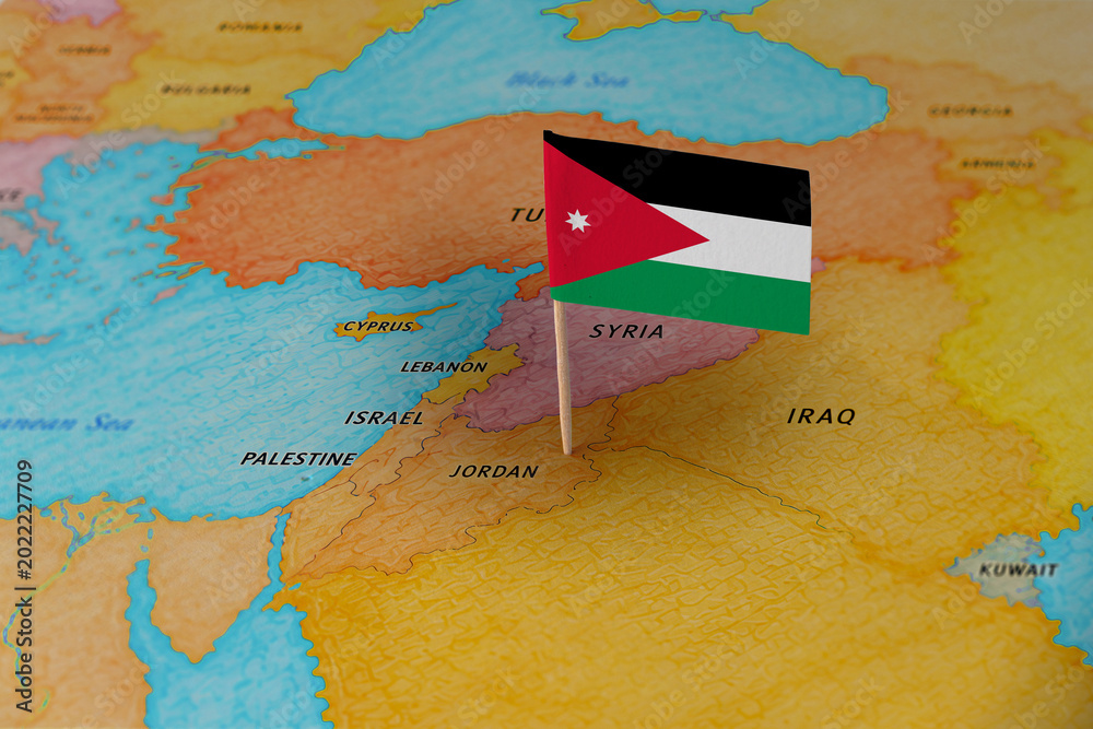 Jordan flag pin marking Jordan on Middle East map, travel destination ...