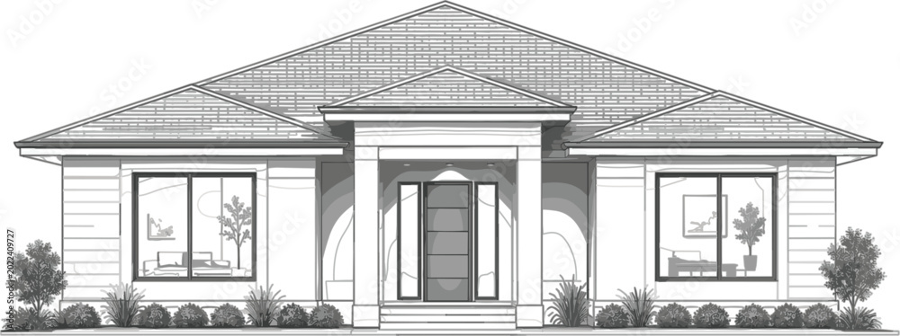 Residential House Front Elevation Vector with Porch, Windows, Hip Roof ...