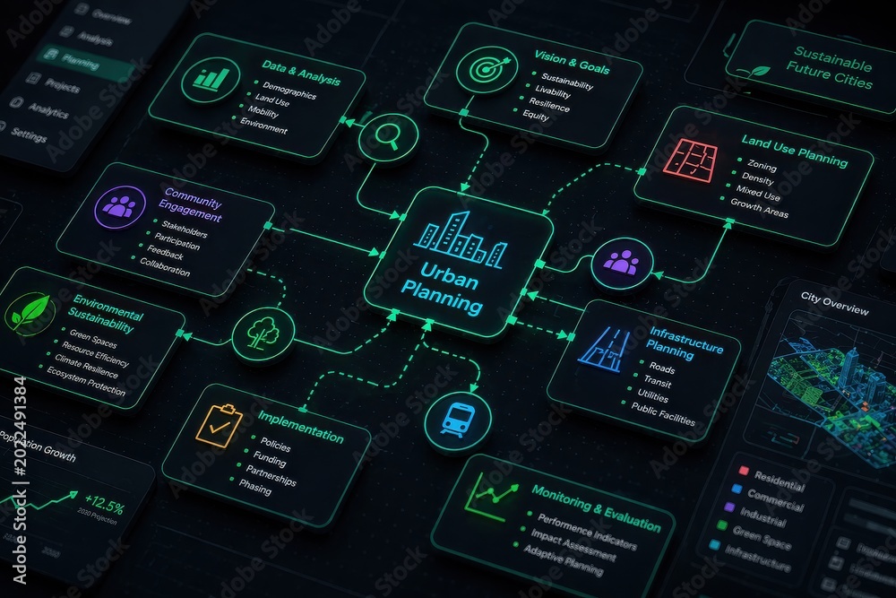 Digital Urban Planning Strategy Flowchart Diagram With Connected Nodes ...