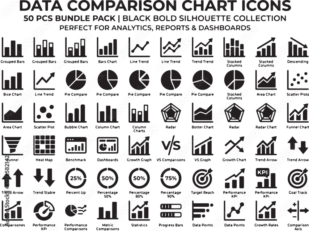 Data comparison chart icons, 50 pcs bundle pack, black bold silhouette ...