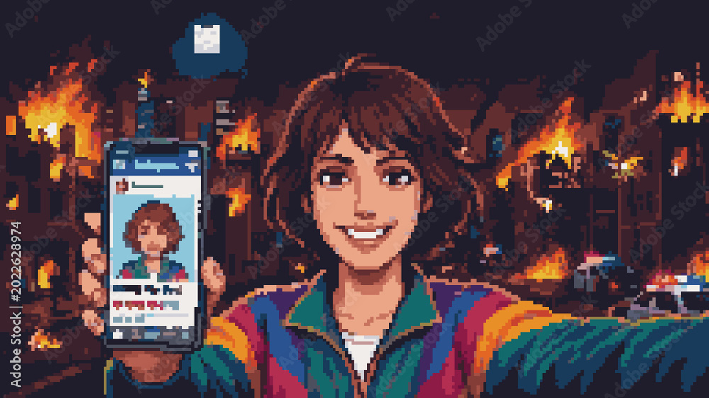 Pixel art of a smiling girl taking a selfie and live streaming in front ...