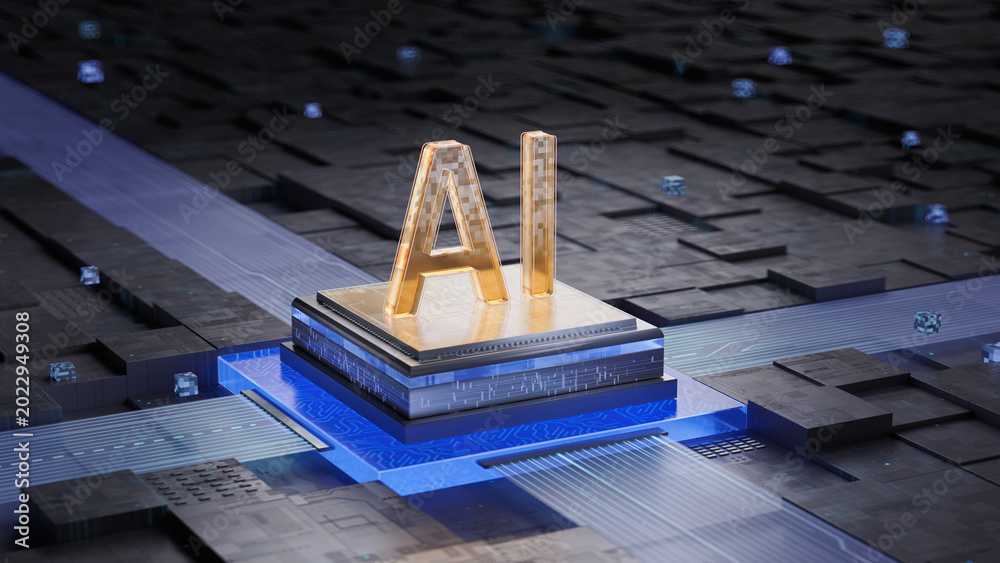 Artificial intelligence processor chip, centered gold AI logo ...