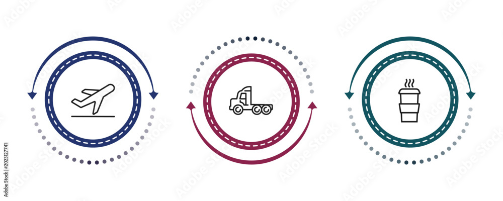 outline airport terminal icons set - plane landing, trailer truck, hot ...