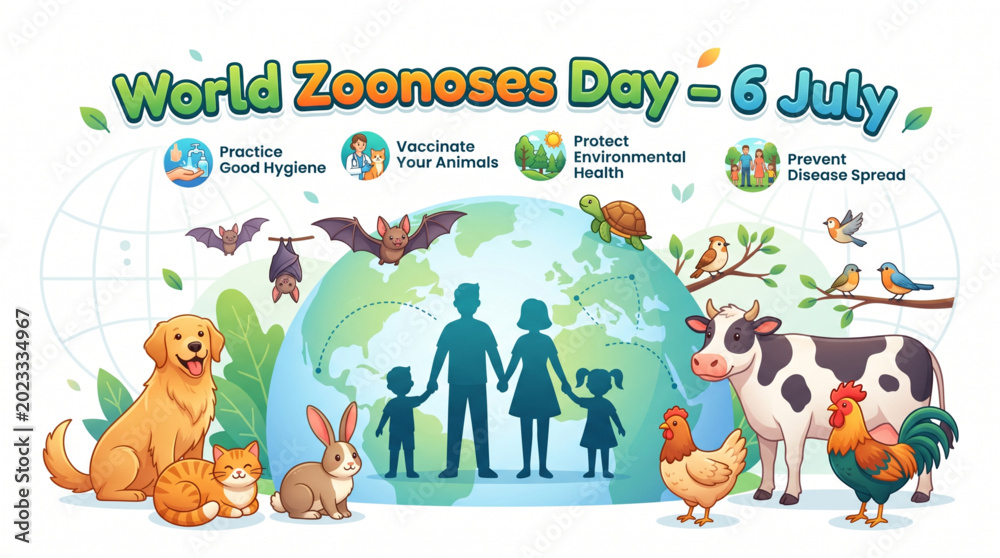 World Zoonoses Day global animal health awareness concept with family ...
