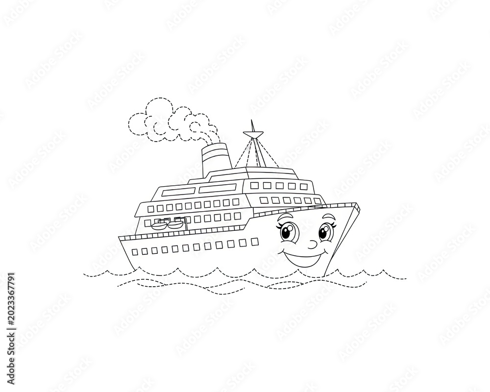 Smiling cartoon cruise ship with dotted lines for tracing, a fun ...