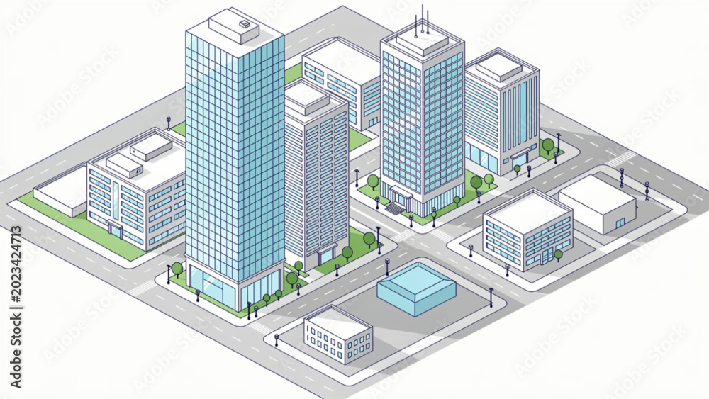 isometric city block with blue glass skyscrapers white low-rise ...