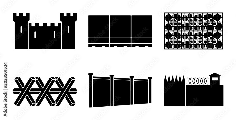 Fortress, Barrier, and Security Wall Icons: Castle, Barbed Wire, Guard ...