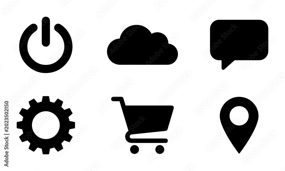 Set of 6 Simple Black Icons: Power, Cloud, Chat, Gear, Cart, Location ...