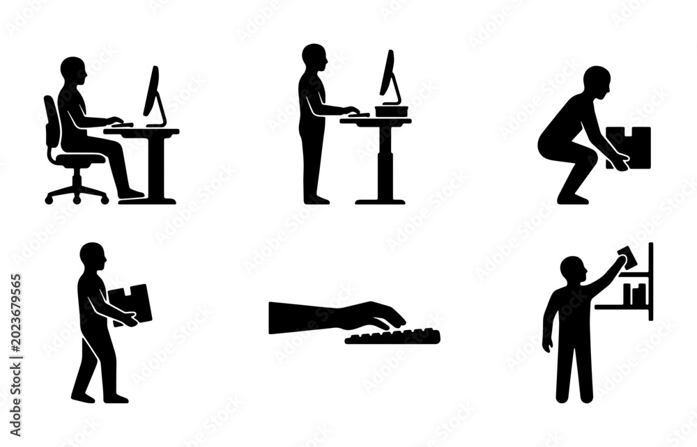 Ergonomic Workstation and Lifting Poses, Office Safety Icons, Health ...