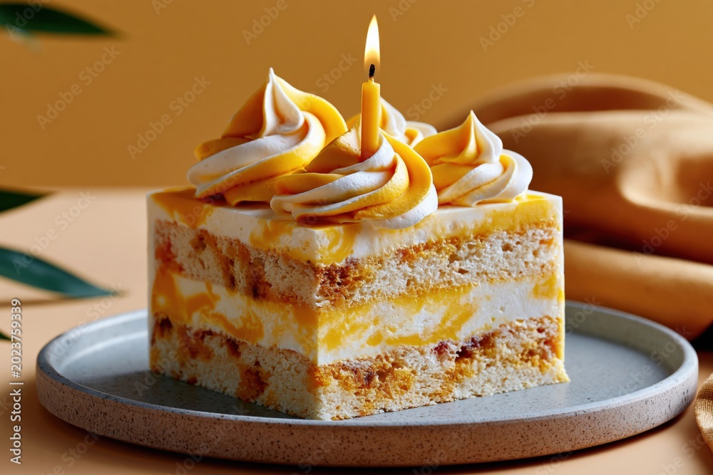 Square lemon layer cake slice with lit candle for birthday card ...