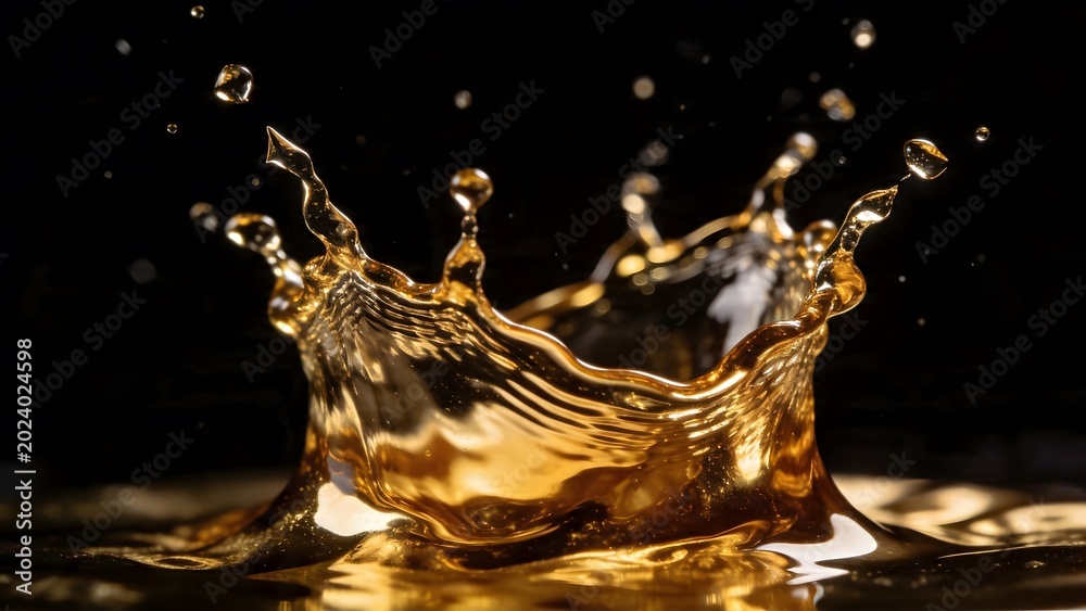 Golden amber liquid splashing into a crown shape against a dark ...