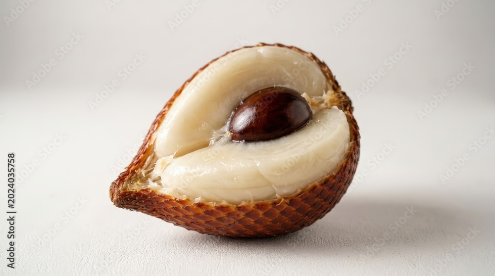 Salak fruit cut in half to show white fleshy interior. Exotic snake ...