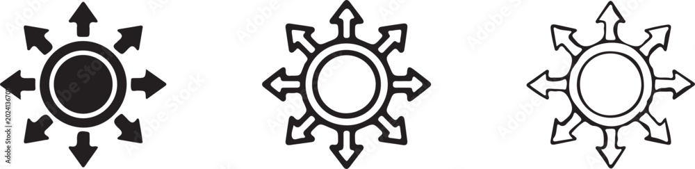 Radial expand icons showing outward arrows in three styles. Stock ...