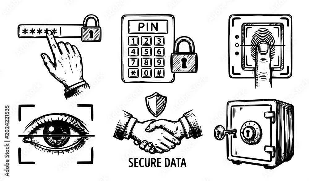 Data security illustration set passwords biometrics and confidentiality ...
