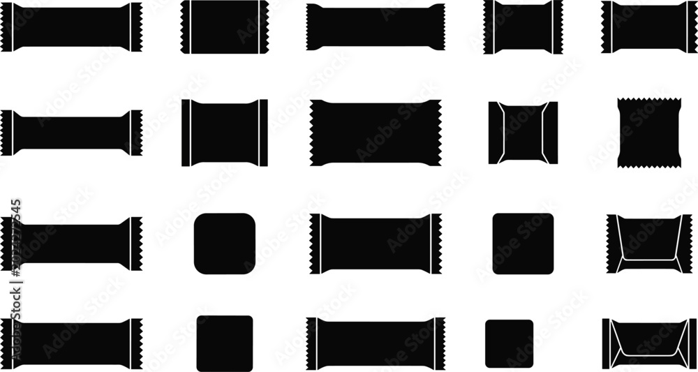 Vetor Black Candy Wrapper and Snack Flow Pack Icon Set with Blank Foil ...