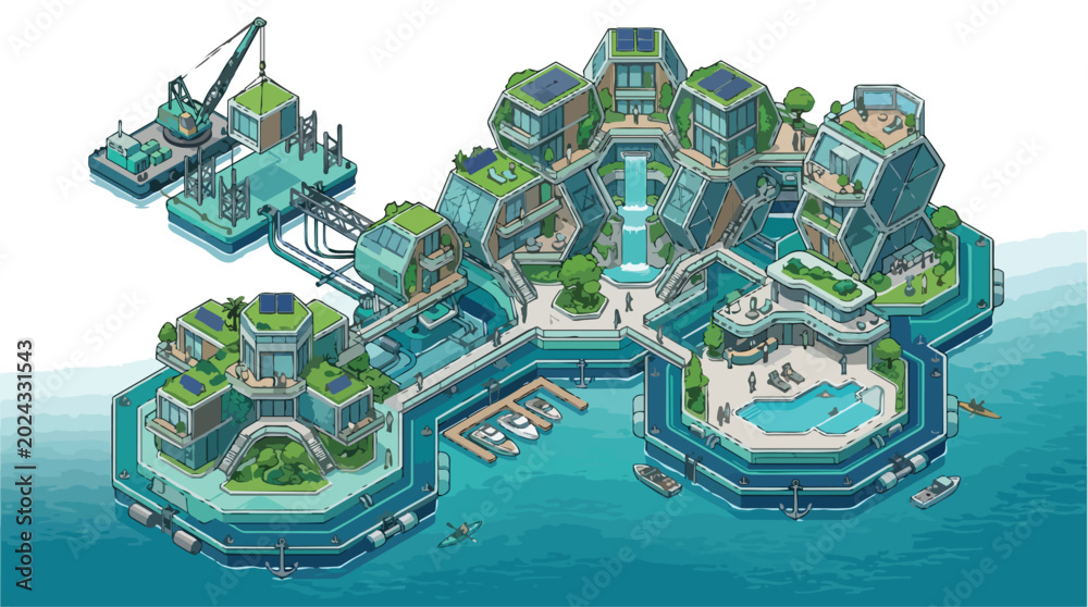 Isometric floating island resort city with interconnected buildings. の ...