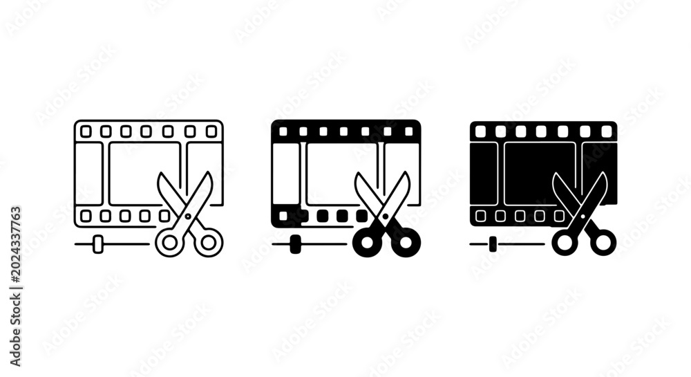 Video Editing Icons, Film Reel Cut Symbol, Movie Timeline Scissors ...