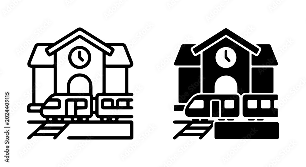 Train Station Icons, Railway Building & Locomotive Vector Set, Public ...