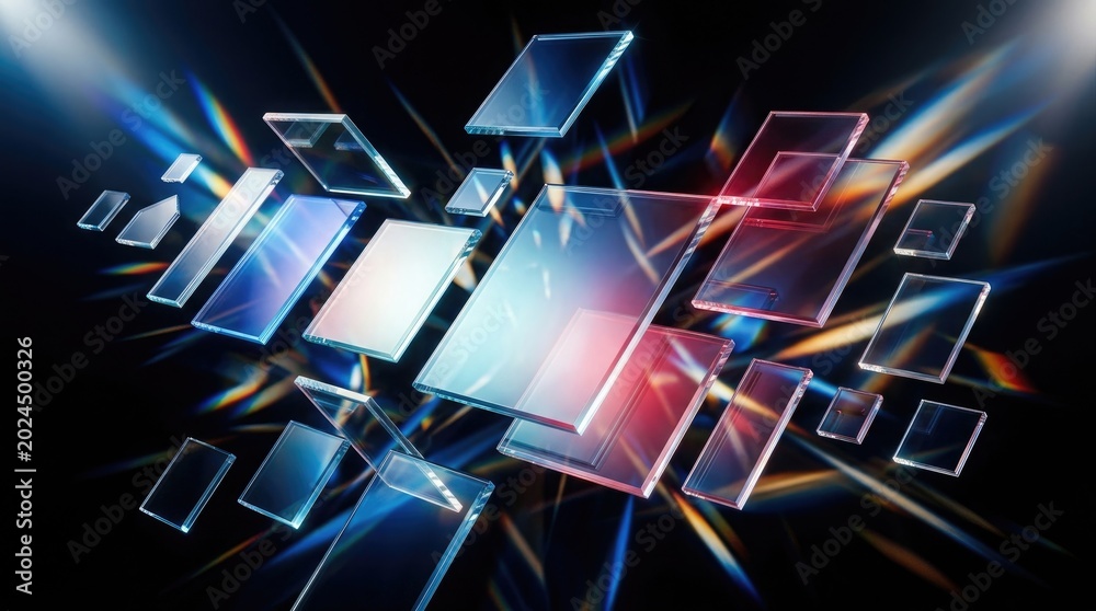Floating glass and acrylic rectangular prisms with refracted light ...