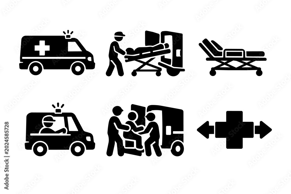 Ambulance emergency services icons showing paramedics transporting ...