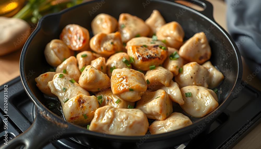 Healthy cooked chicken pieces in a cast iron skillet, 8k photorealism ...