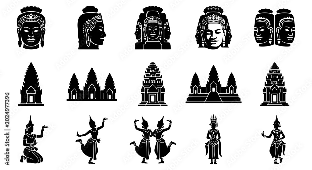 Cambodian cultural icons set, 15 black silhouette vector elements ...