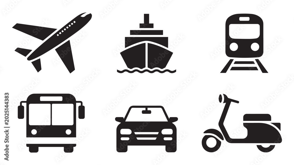 Transportation vector icon pack containing an airplane, cruise ship ...
