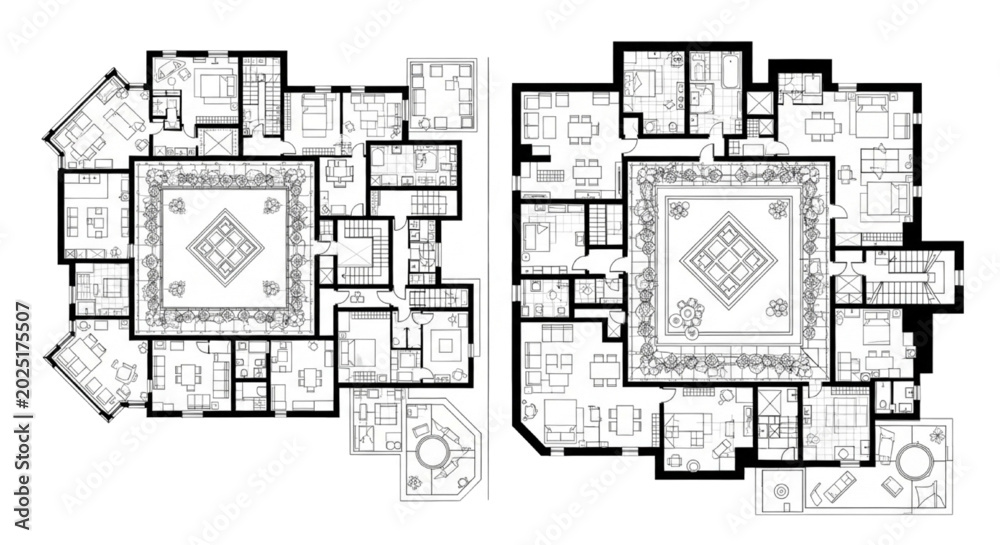 Luxury Atrium Apartment Floor Plan Vector Set with Premium Courtyard ...