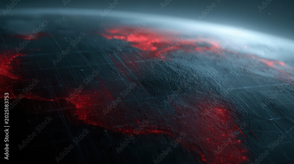 Global cyber security map with glowing warning zones and AI overlays ...