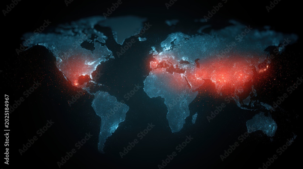 Global cyber security map with glowing warning zones and AI overlays の ...