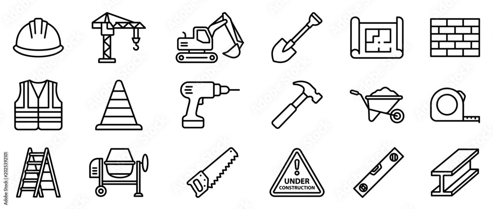 Collection of black outline construction icons including a hard hat ...