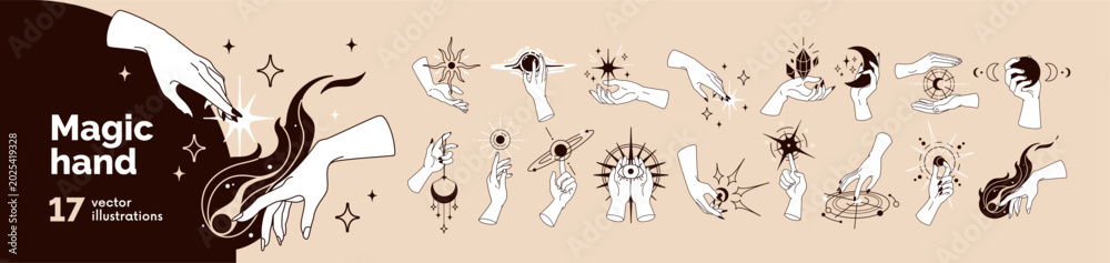 Magic spiritual symbols in witch hands set. Esoteric occult mysterious ...