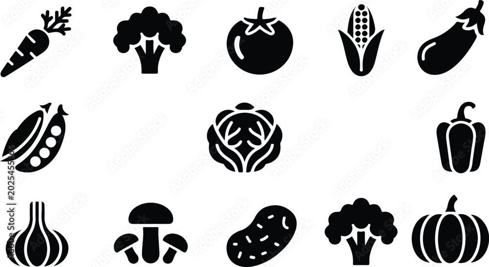 Black and white food illustration collection with assorted vegetable ...