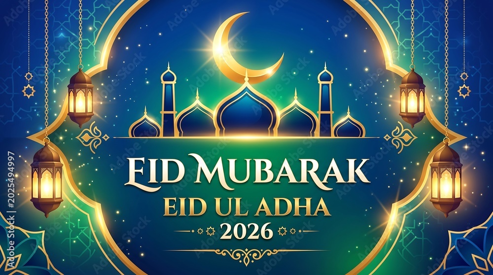 Bright Luxury Eid Mubarak 2026 Greeting Card with Crescent Moon and ...