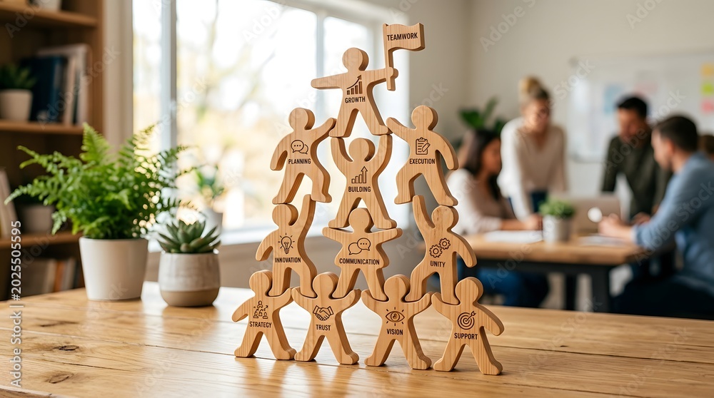Wooden figurines stacked in a pyramid formation with labeled roles on a ...