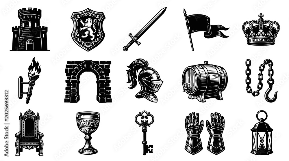 Medieval Fantasy Objects Set in Vintage Engraving Style - Castle, Crown ...
