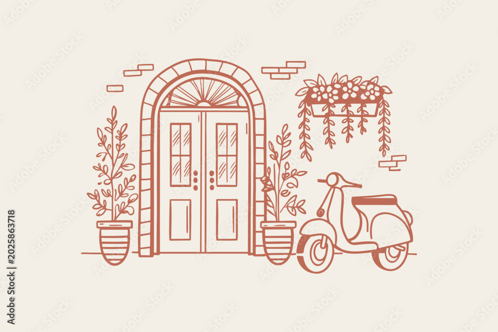 Scooter parked by a charming arched doorway with potted plants and ...
