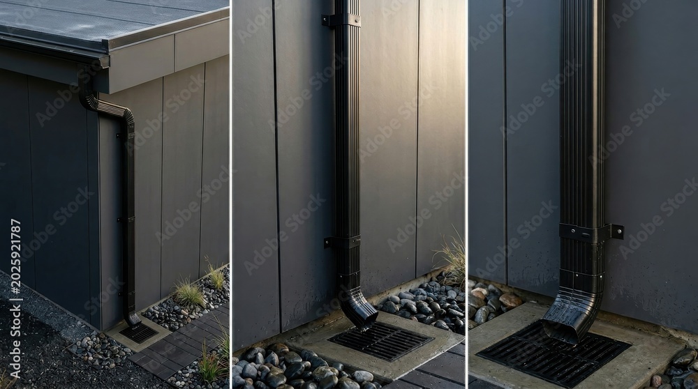 Black corrugated downspout on a modern building exterior with stone ...