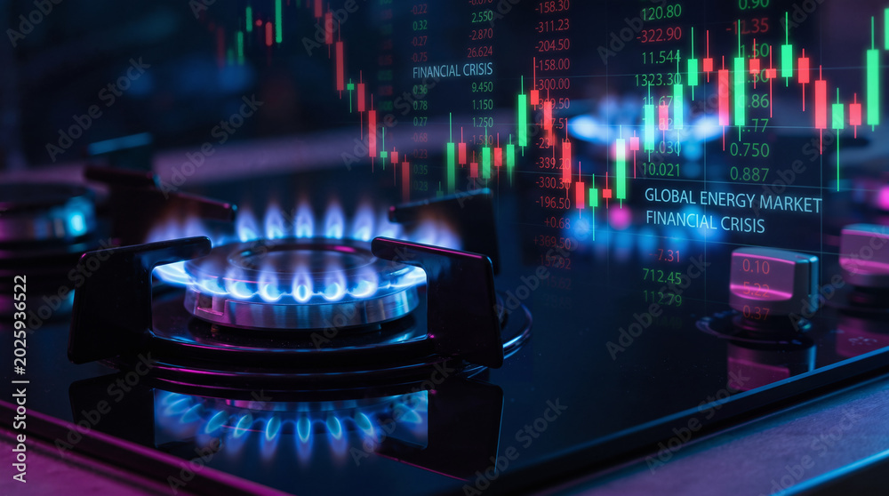 Gas stove burner with blue flame and financial crisis energy market ...