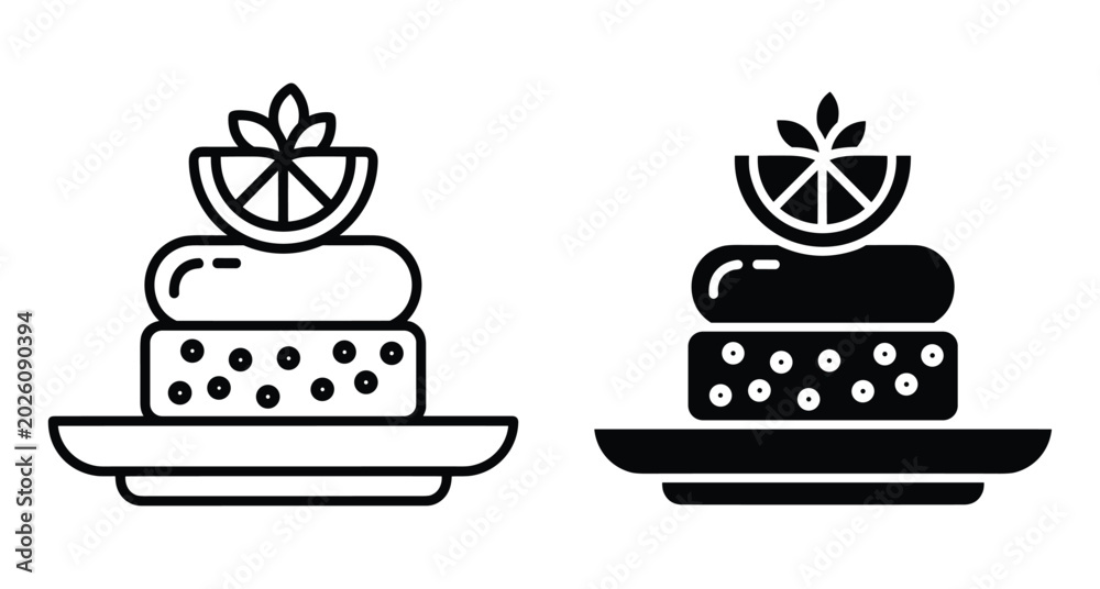 Vector de Stock Sweet dessert cake icon set with citrus slice garnish ...