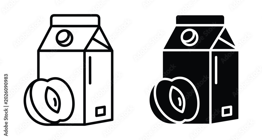 Plum juice carton icon set featuring outline and solid styles for ...