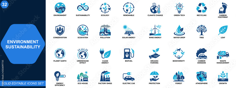 Environment and sustainability icon set. Ecology, renewable energy ...